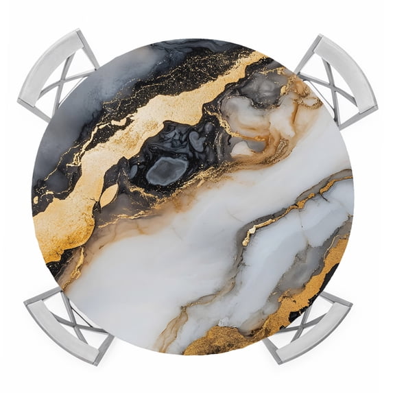 Abstract Marble Round Fitted Tablecloth with Elastic Edge, White Black ...