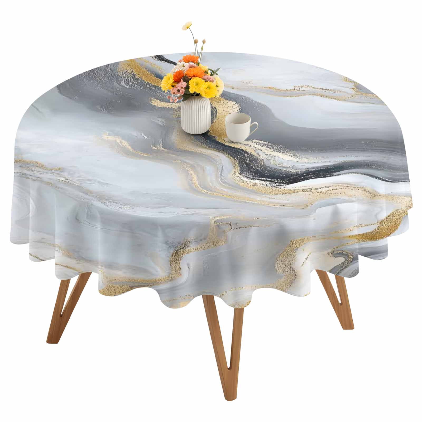 Abstract Marble Round Tablecloth 60 inches Gradient Black White Gold ...