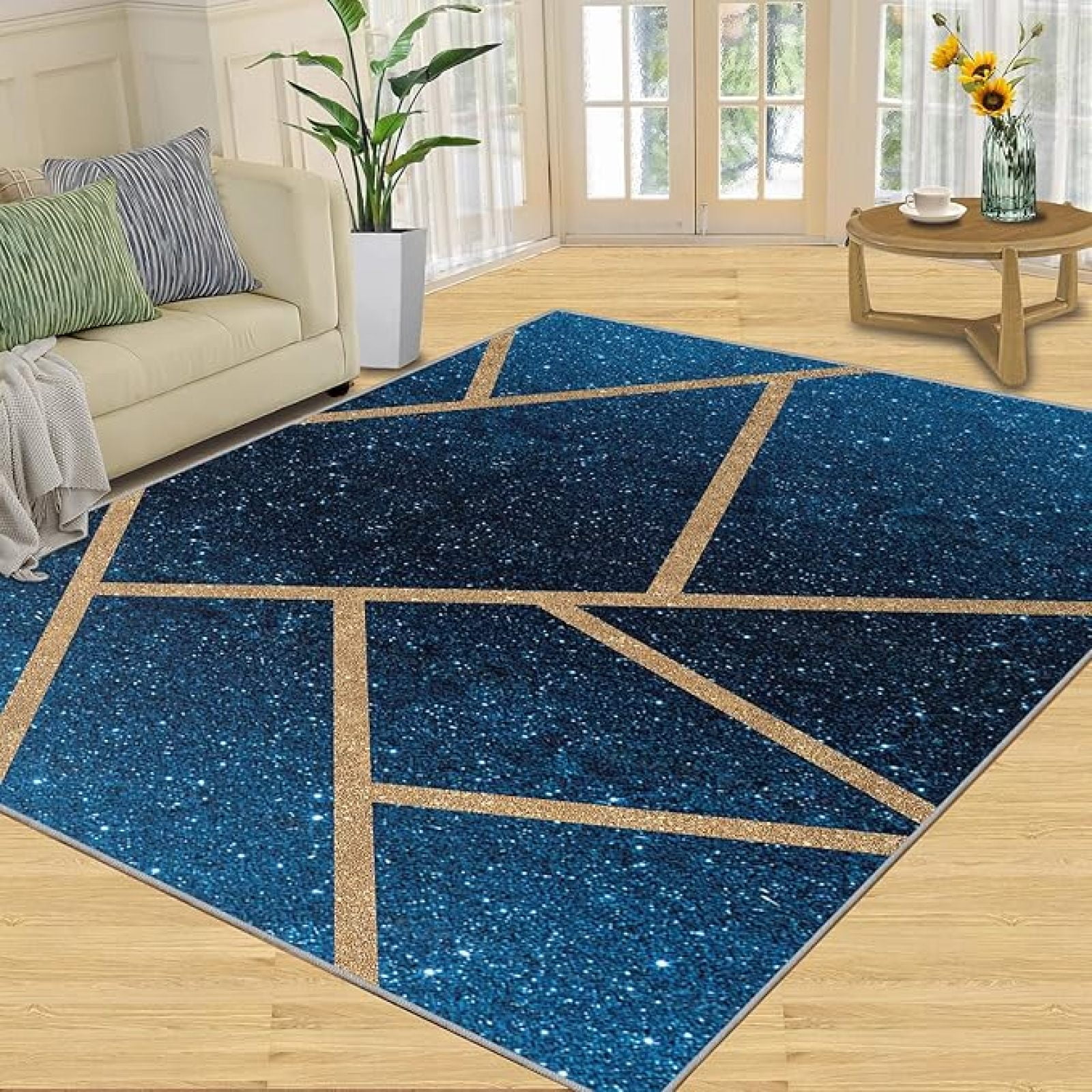 Abstract Marble Rug Navy Blue Marble Area Rug Blue Starry Geometric ...