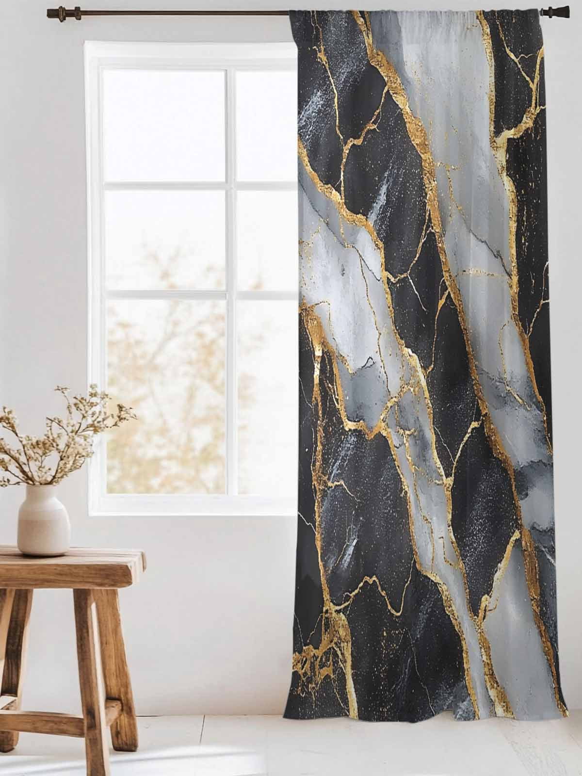 Abstract Marble Sheer Curtains 108 Inch Long 1 Panel Black Gold Crack ...