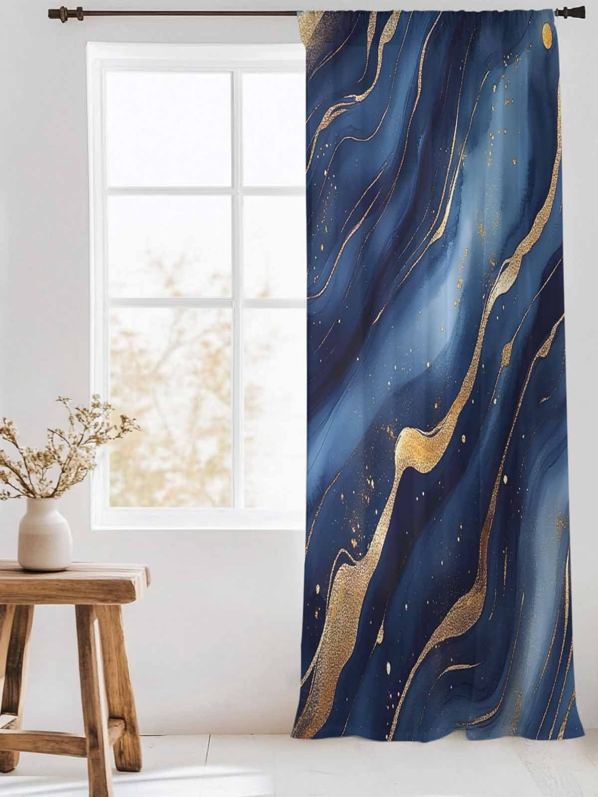 Abstract Marble Sheer Curtains 108 Inch Long 1 Panel Gold Navy Texture ...