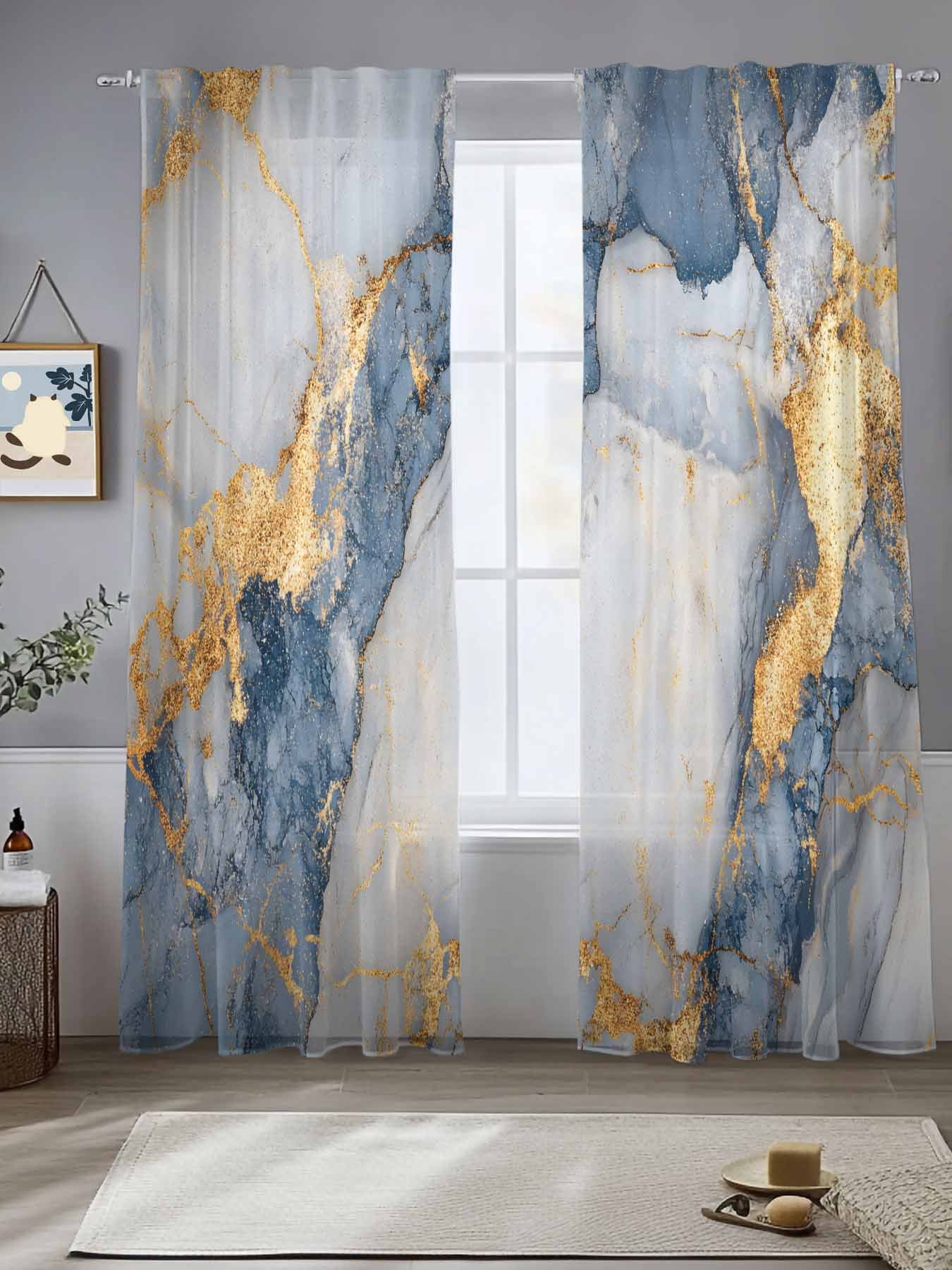 Abstract Marble Sheer Curtains 108 Inches Long 2 Panels Blue Gray Gold ...