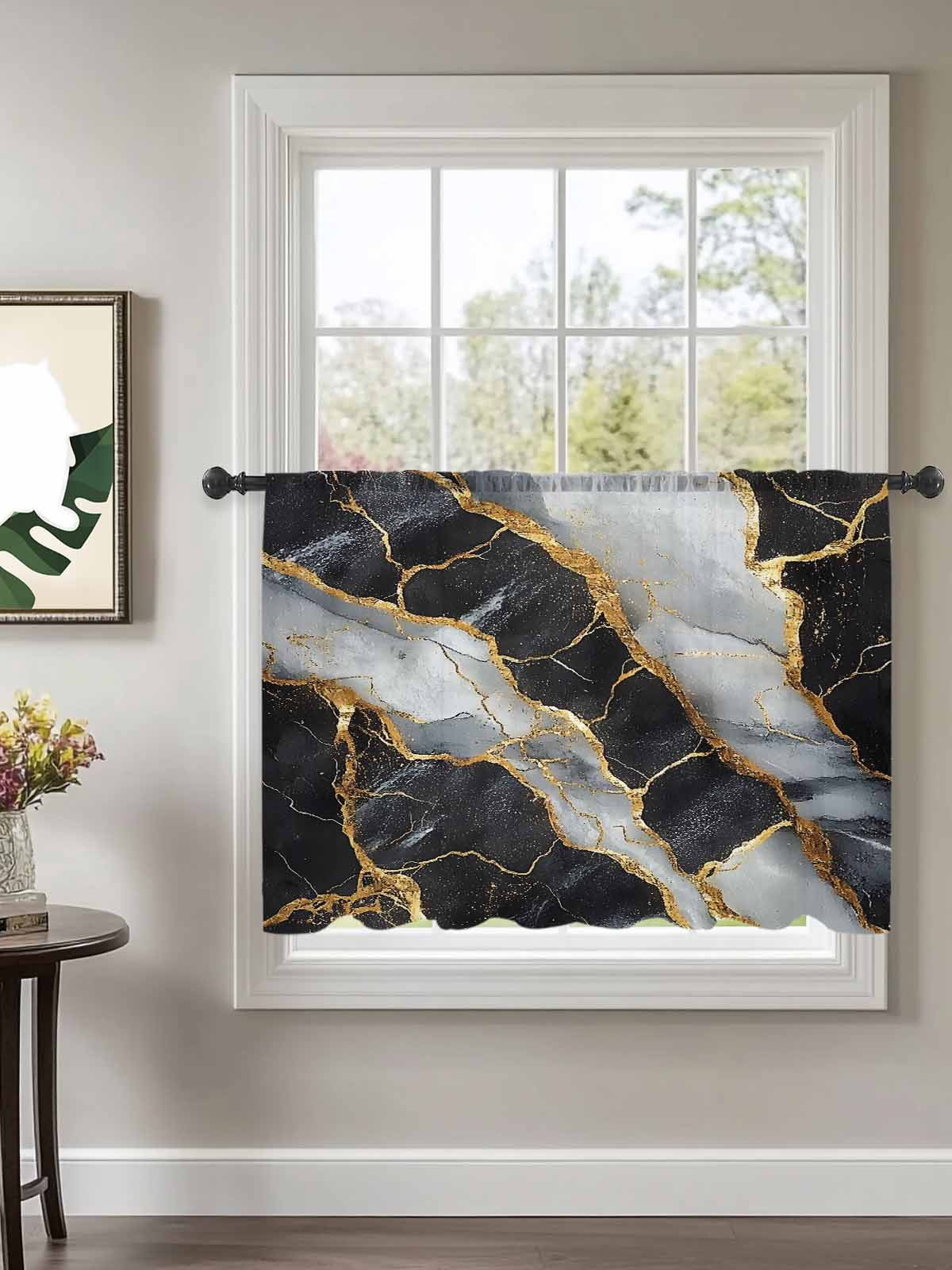 Abstract Marble Sheer Curtains 54 Inch Long 1 Panel Black Gold Crack ...