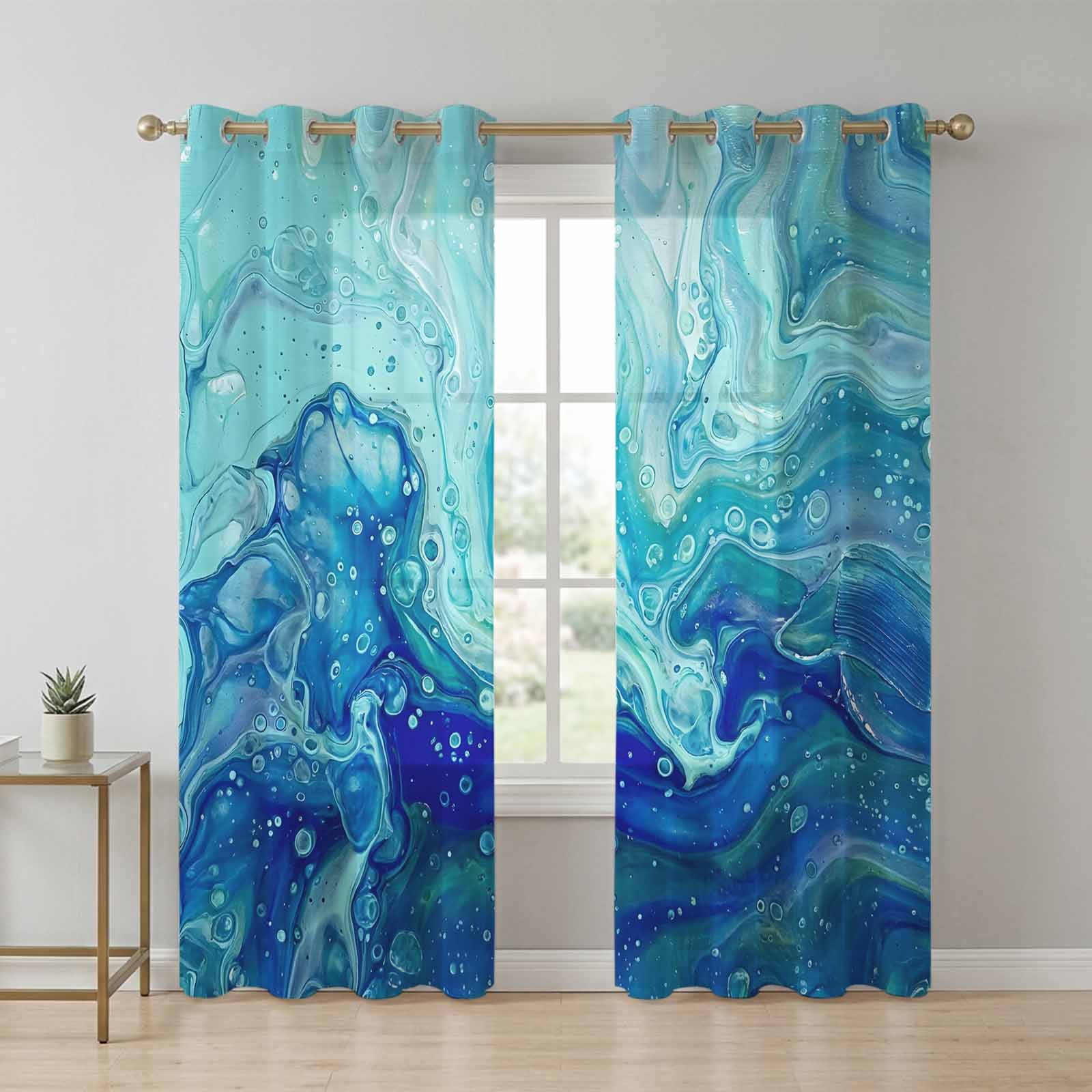 Abstract Marble Sheer Curtains 84 Inch Long 2 Panels, Turquoise Green ...