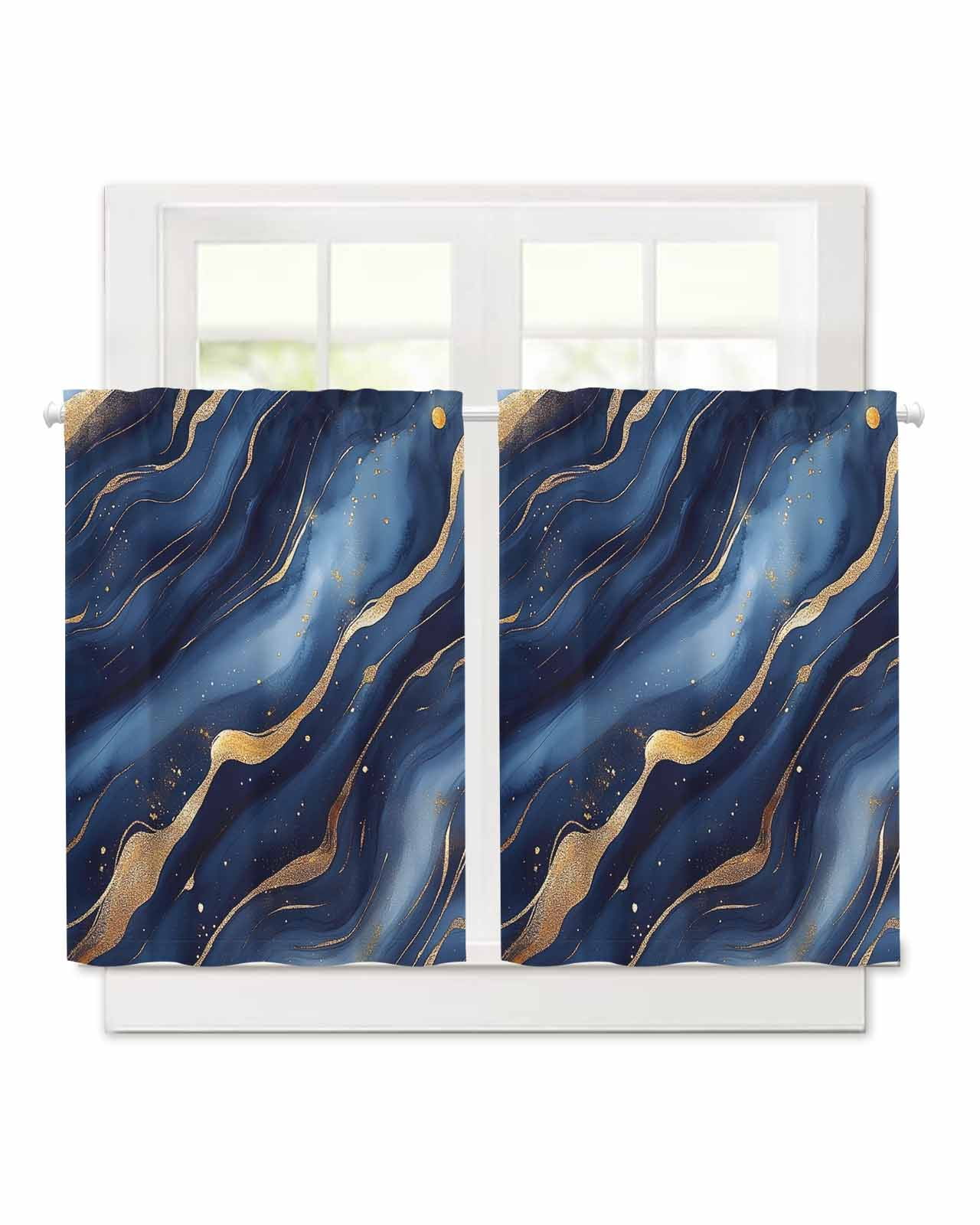 Abstract Marble Short Blackout Curtains 36 Inch Long Gold Navy Texture ...