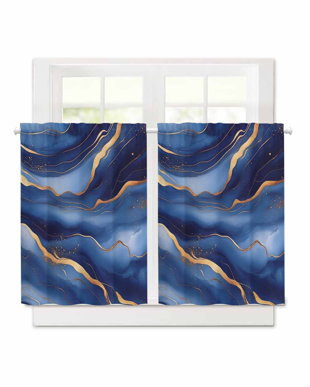 Abstract Marble Short Blackout Curtains 36 Inch Long Navy Gold Texture ...