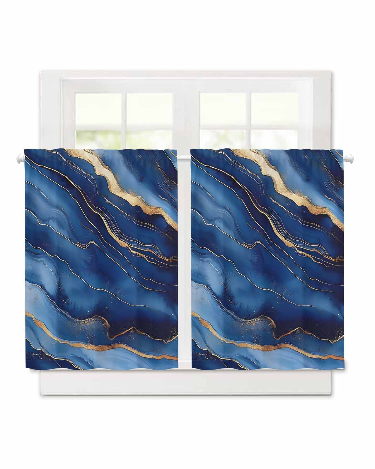 Abstract Marble Short Blackout Curtains 45 Inch Long Blue Gold Texture ...