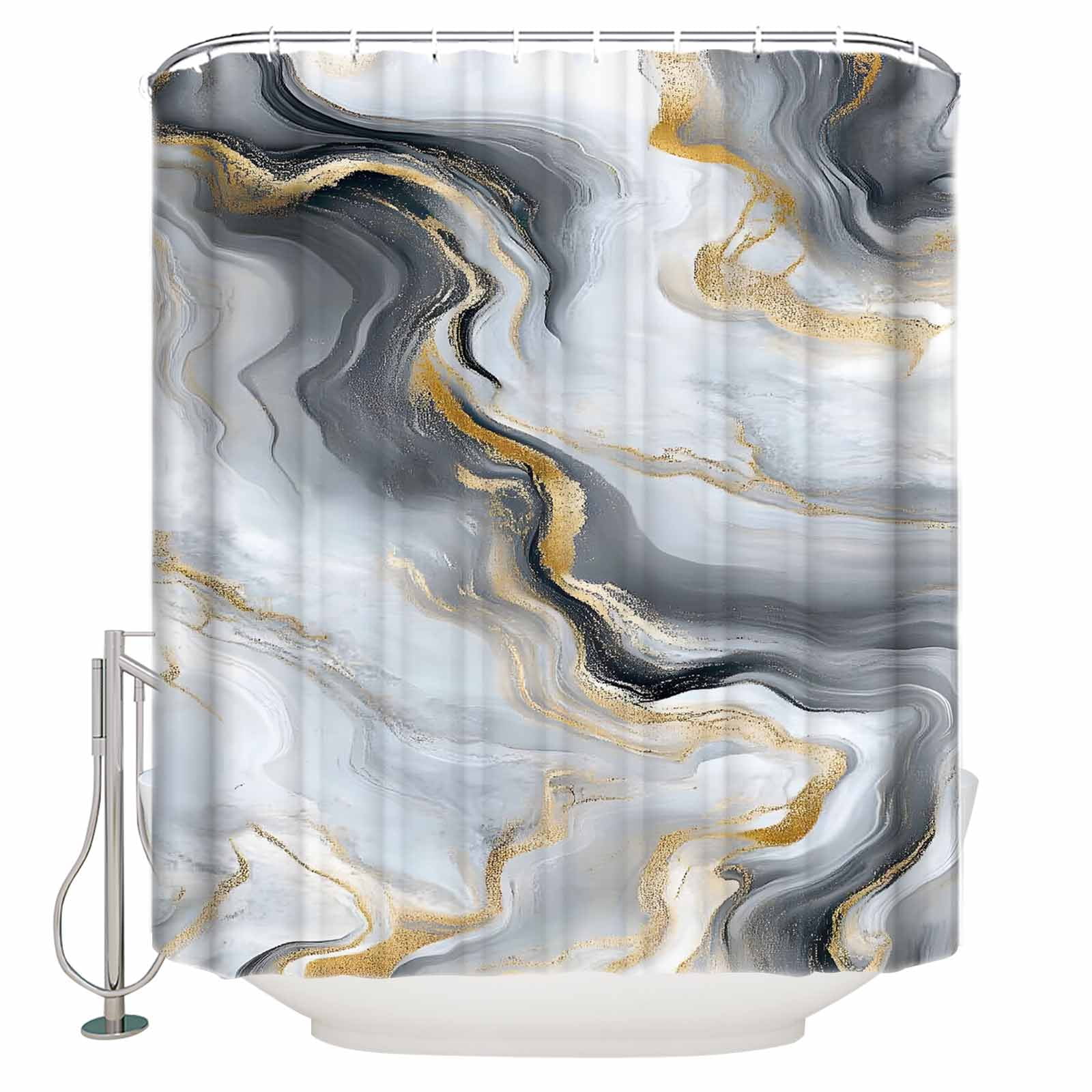 Abstract Marble Shower Curtain, 36" x 72", Gradient Black White Gold ...