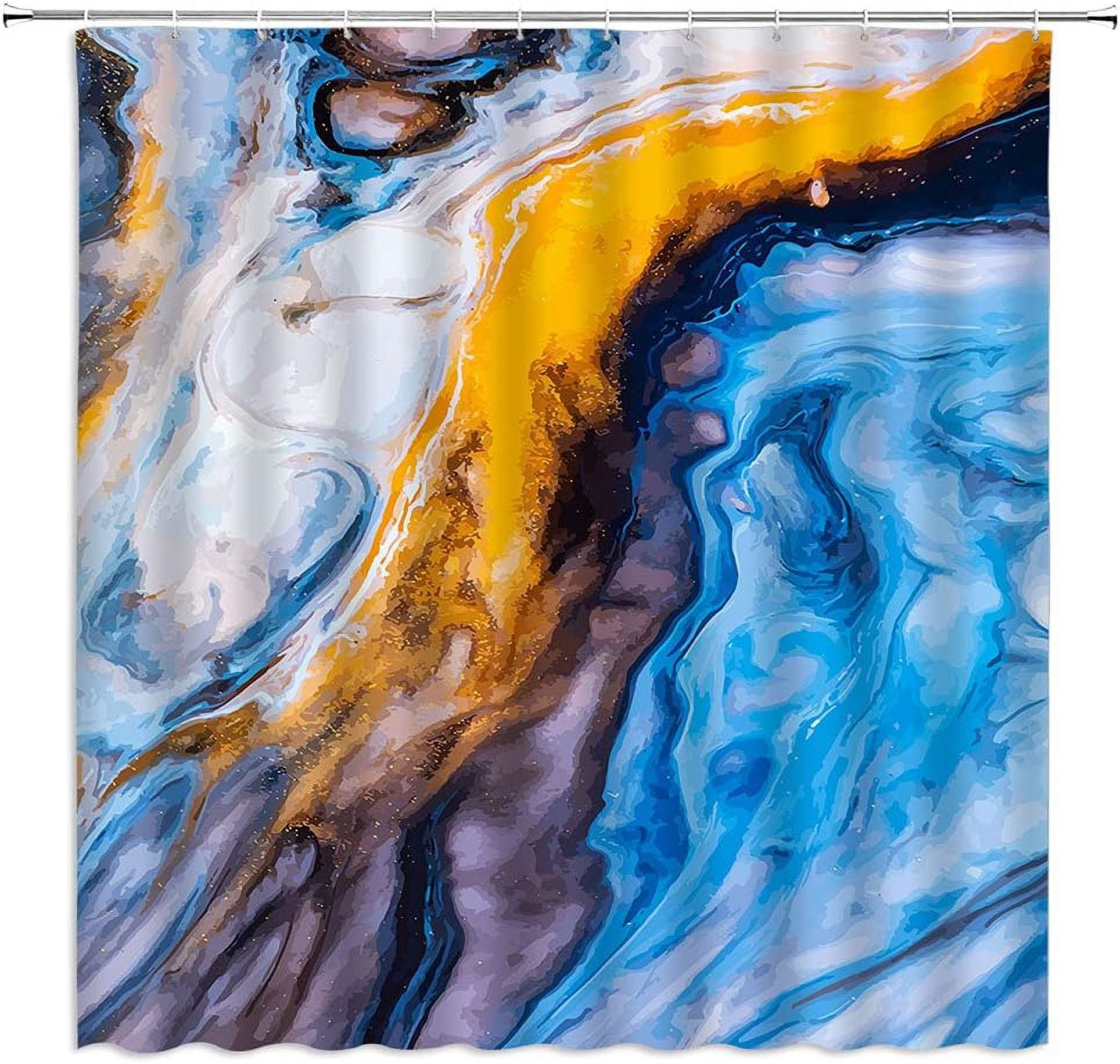 Abstract Marble Shower Curtain Blue Yellow Luxury Texture Ombre Brown White Liquid Cracked Line ...