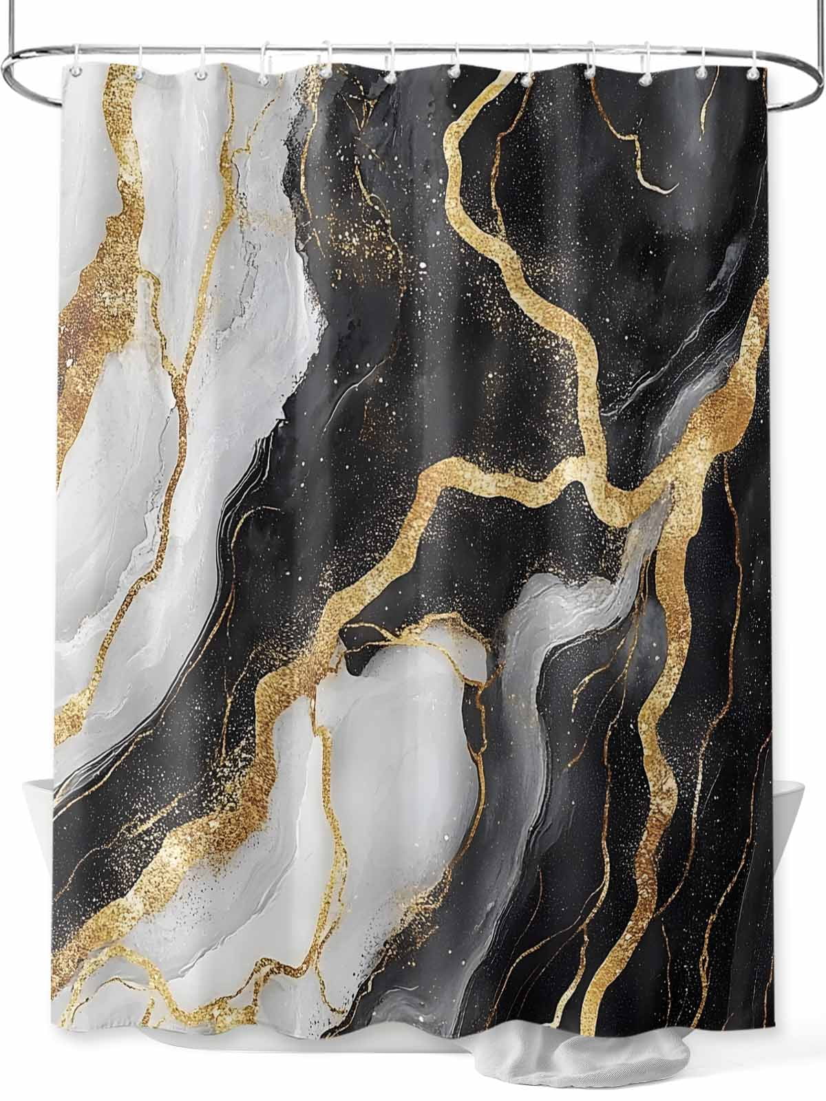 Abstract Marble Shower Curtain, Gold Texture Simple Black White Modern ...