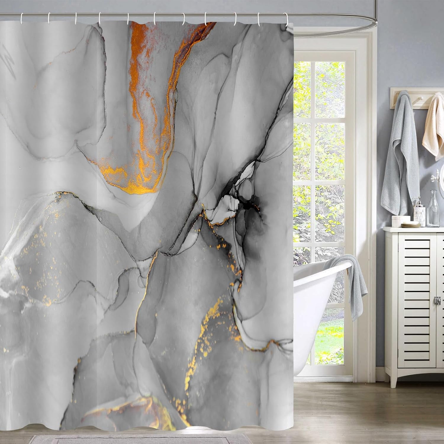 Abstract Marble Shower Curtain, Grey Jade Texture Gold Stripes Ombre ...
