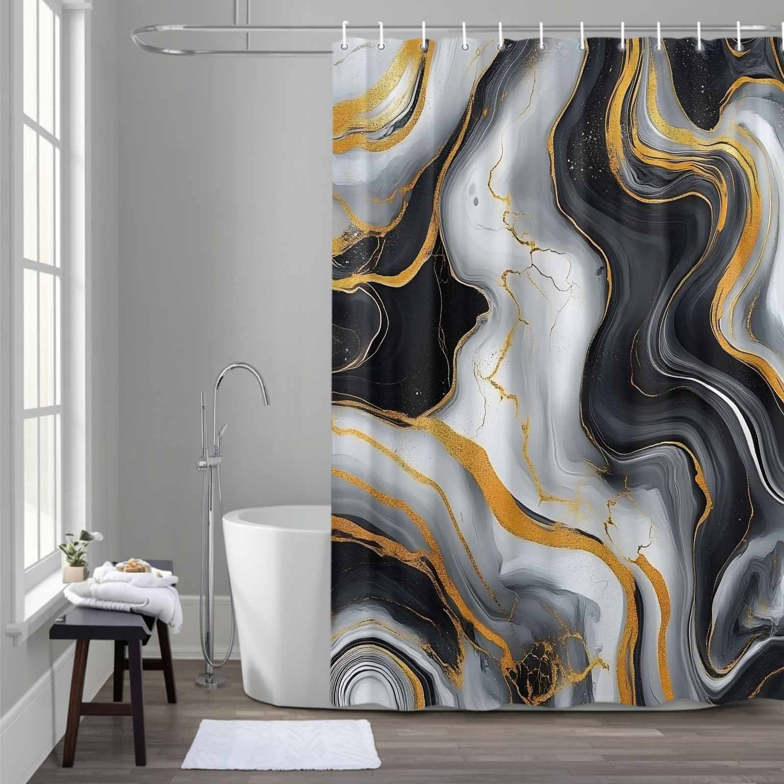 Abstract Marble Shower Curtain for Bathroom Decor, Black Gold Texture ...