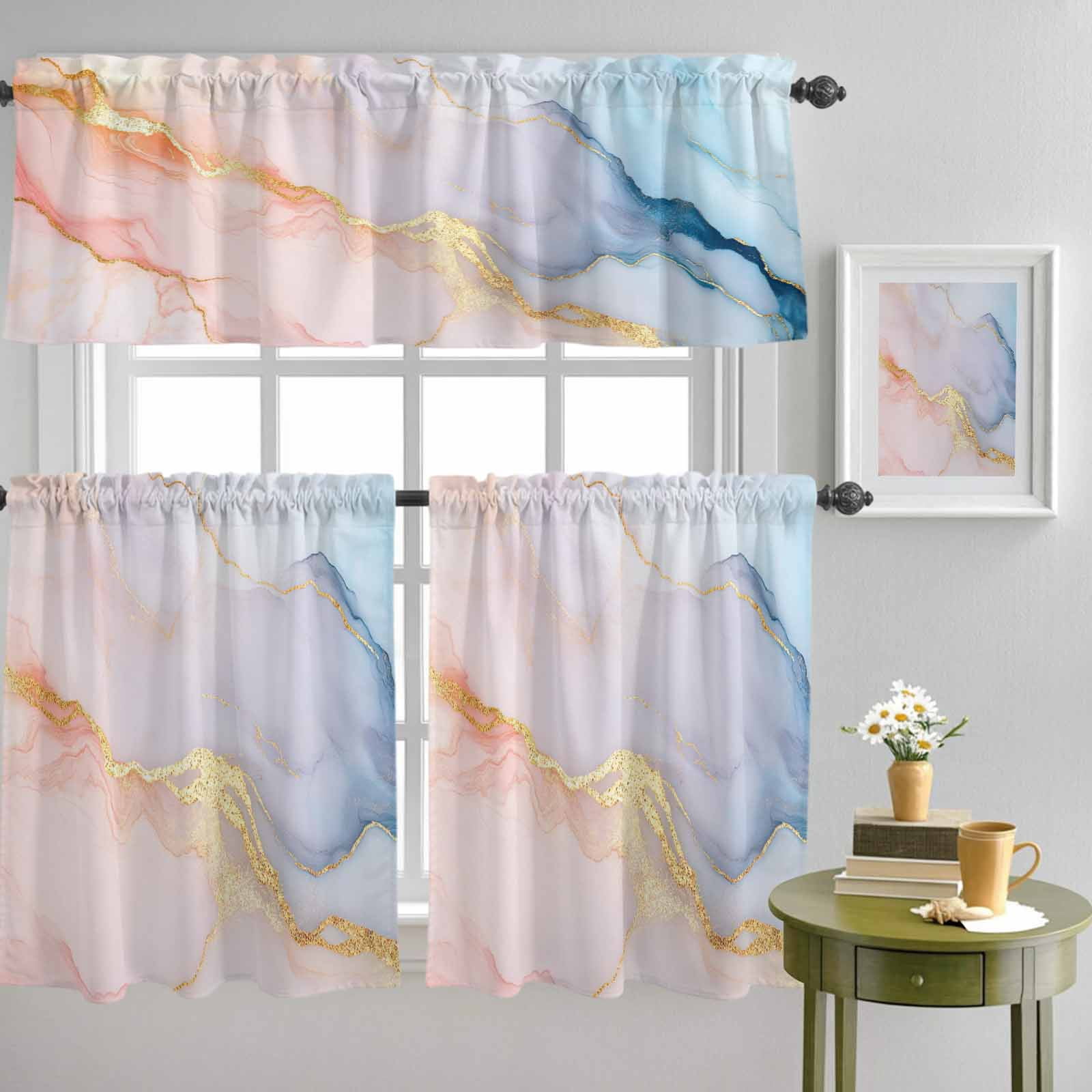 Abstract Marble Stone with Gold Stripe Curtain Tier and Valance Set 3 ...