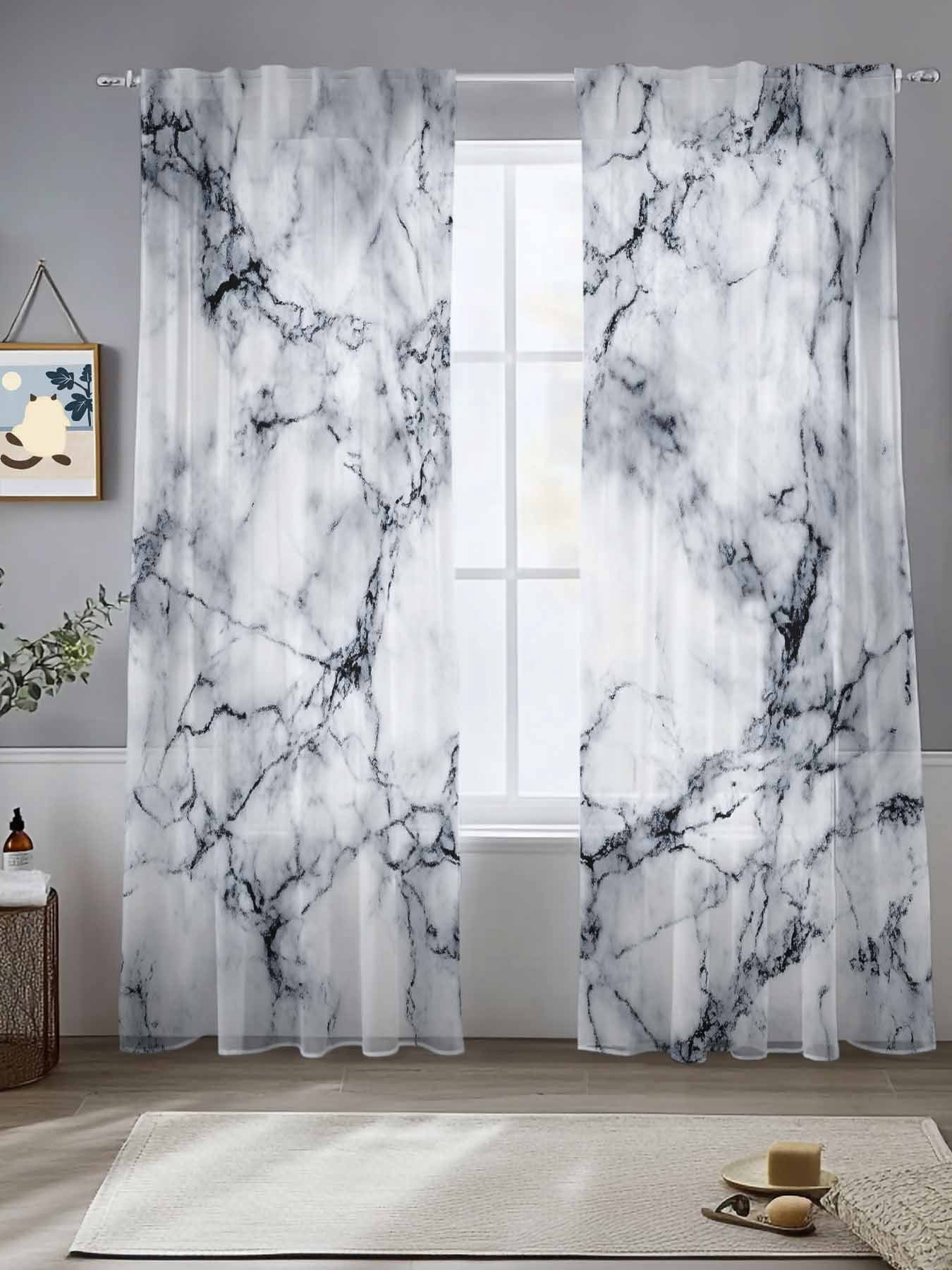 Abstract Marble Stone Texture Chiffon Sheer Curtains 84 Inches Long ...