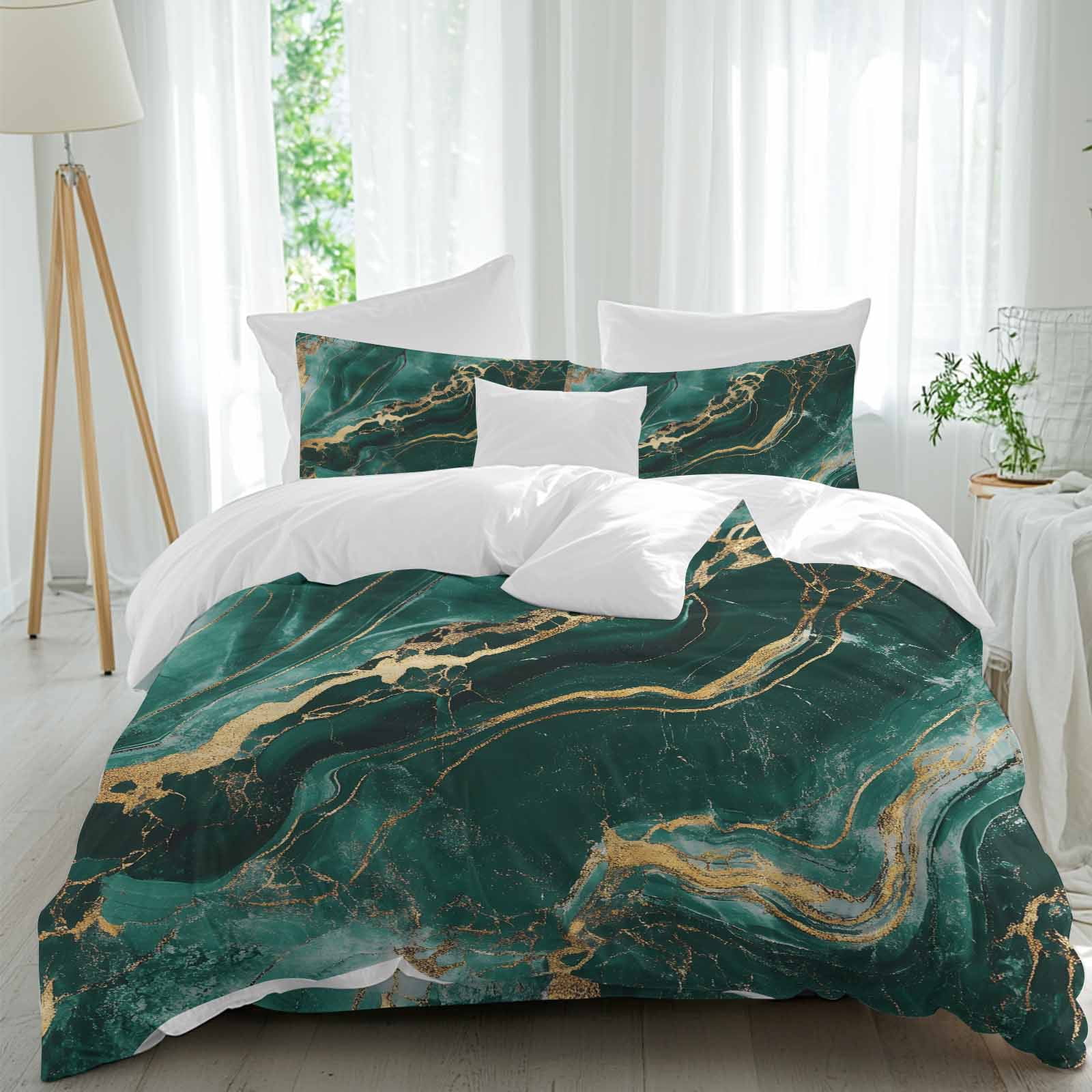 Abstract Marble Stone Texture Full Size Bed Set,Green Gold Striped ...