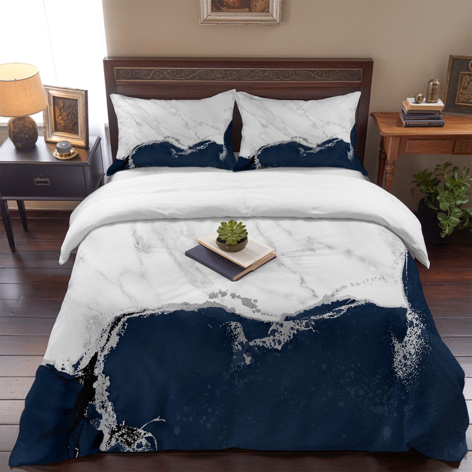 Abstract Marble Stone Texture Queen Size Bed Set,Classic Dark Blue ...