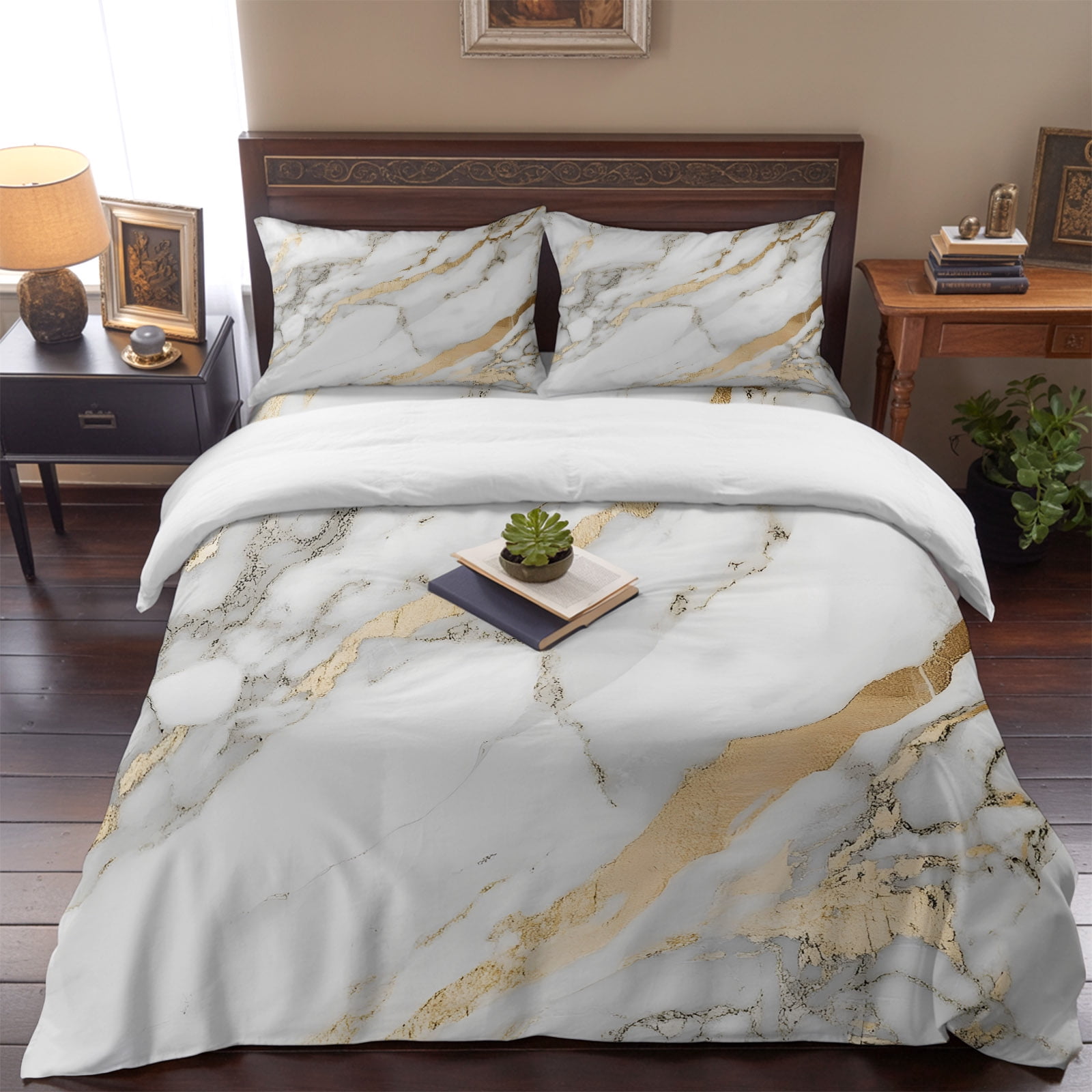 Abstract Marble Stone Texture Queen Size Bed Set,Gold Lines on White ...