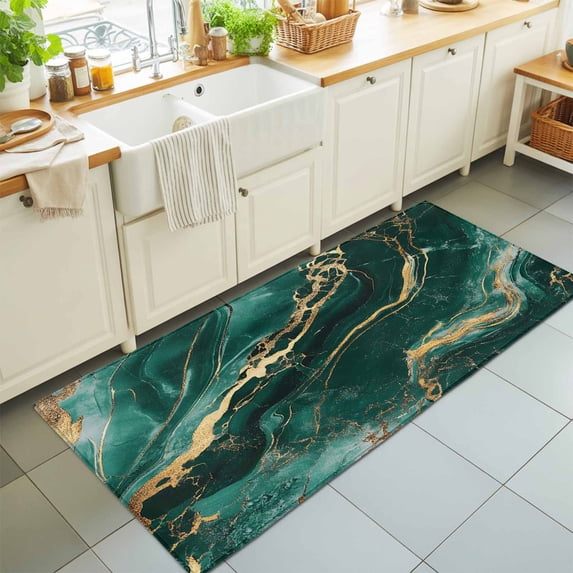 Abstract Marble Stone Texture Rectangle Rug 2'x6' Green Gold Striped ...
