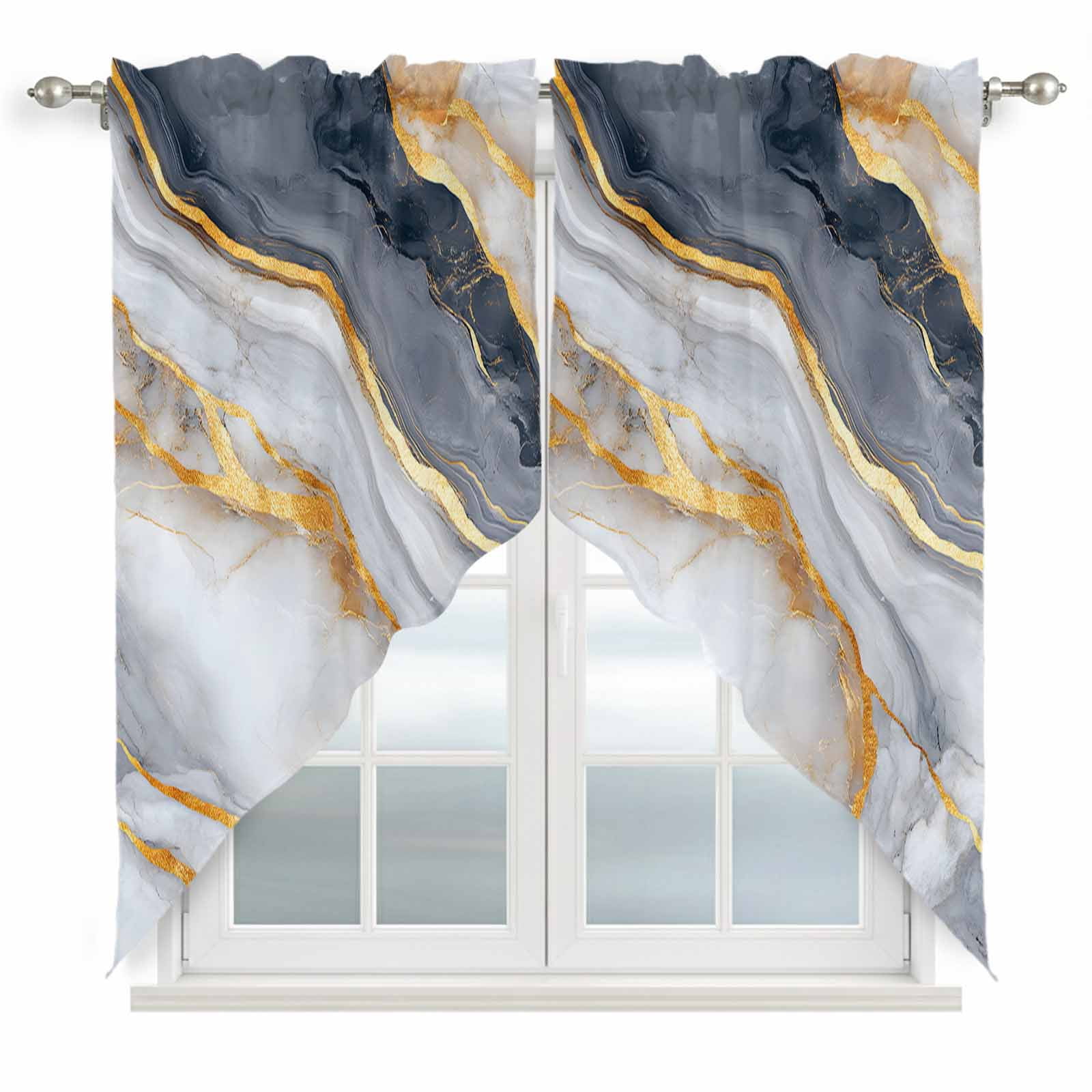 Abstract Marble Swag Curtain Valance for Window 2 Panels Black White ...