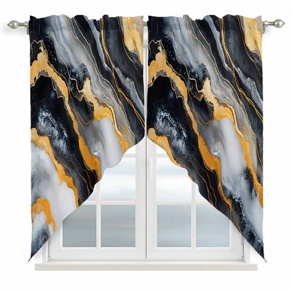 Abstract Marble Swag Curtain Valance for Window 2 Panels Black White ...