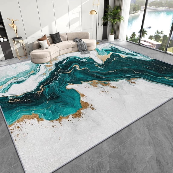 Abstract Marble Swirl Area Rugs, Turquoise Carpet, Washable Non Slip ...