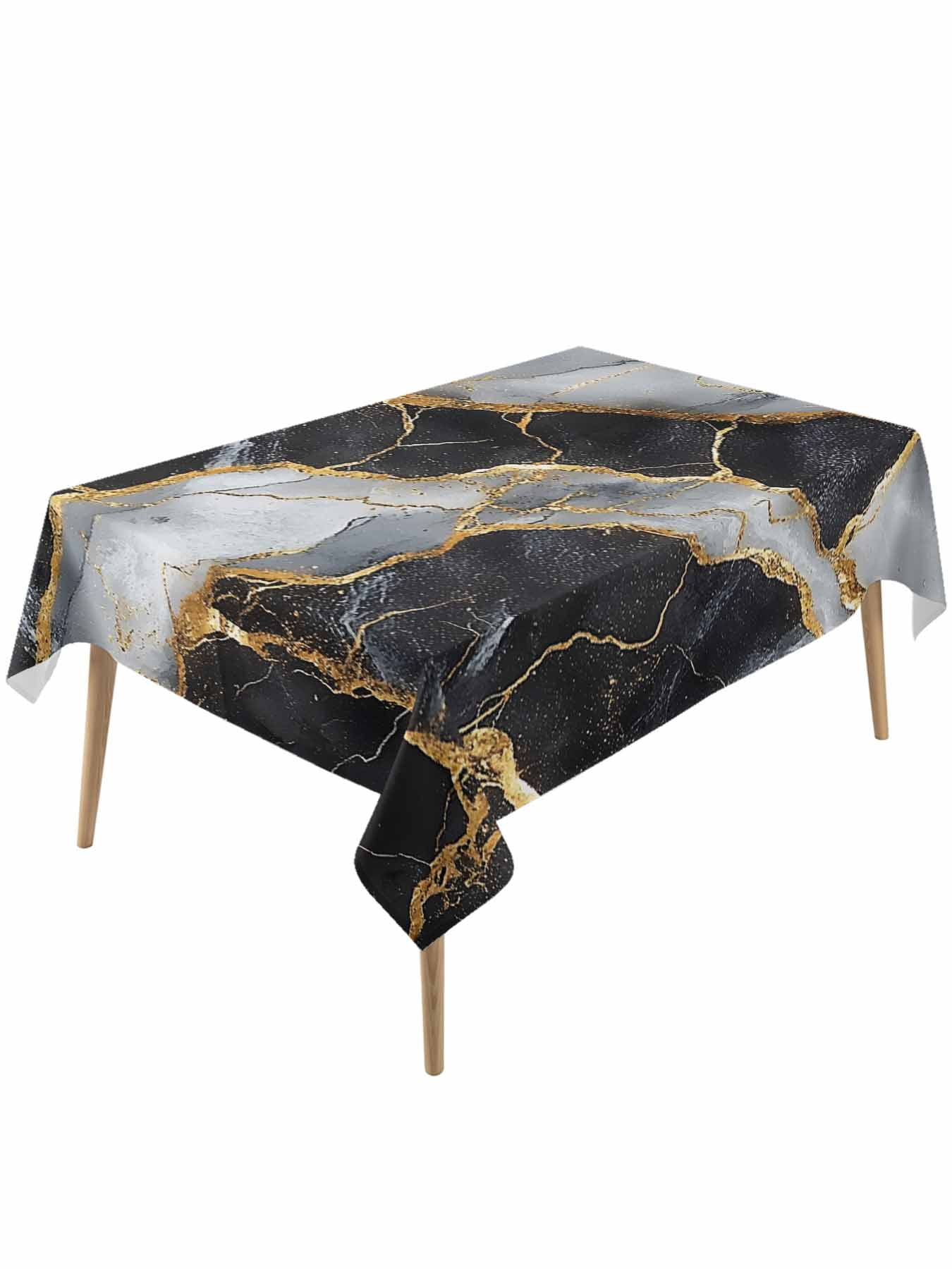 Abstract Marble Table Cloth 54x108 Inch Rectangle, Black Gold Crack ...