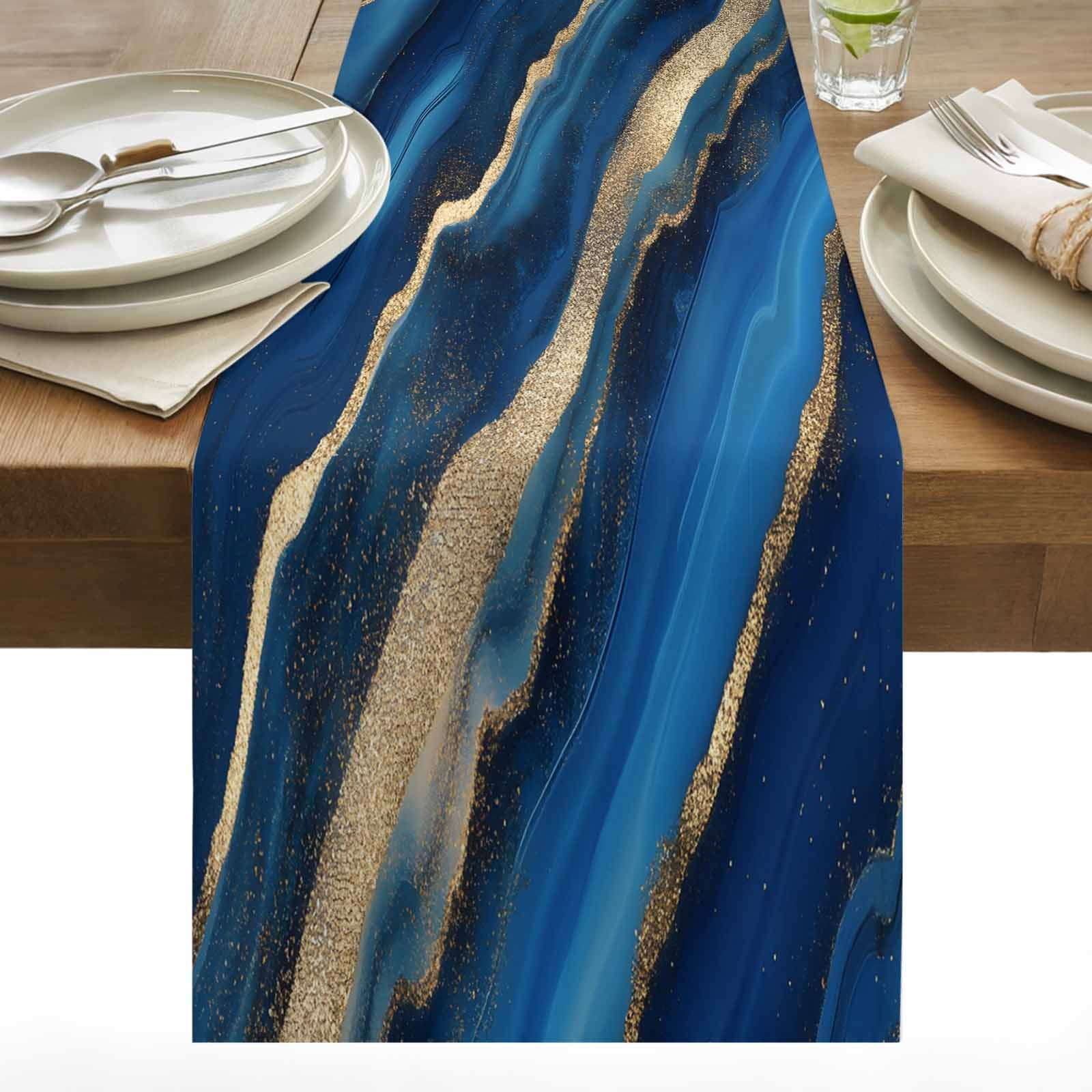 Abstract Marble Table Runner 13x108 inch Dark Blue Gradient Gold Wave ...