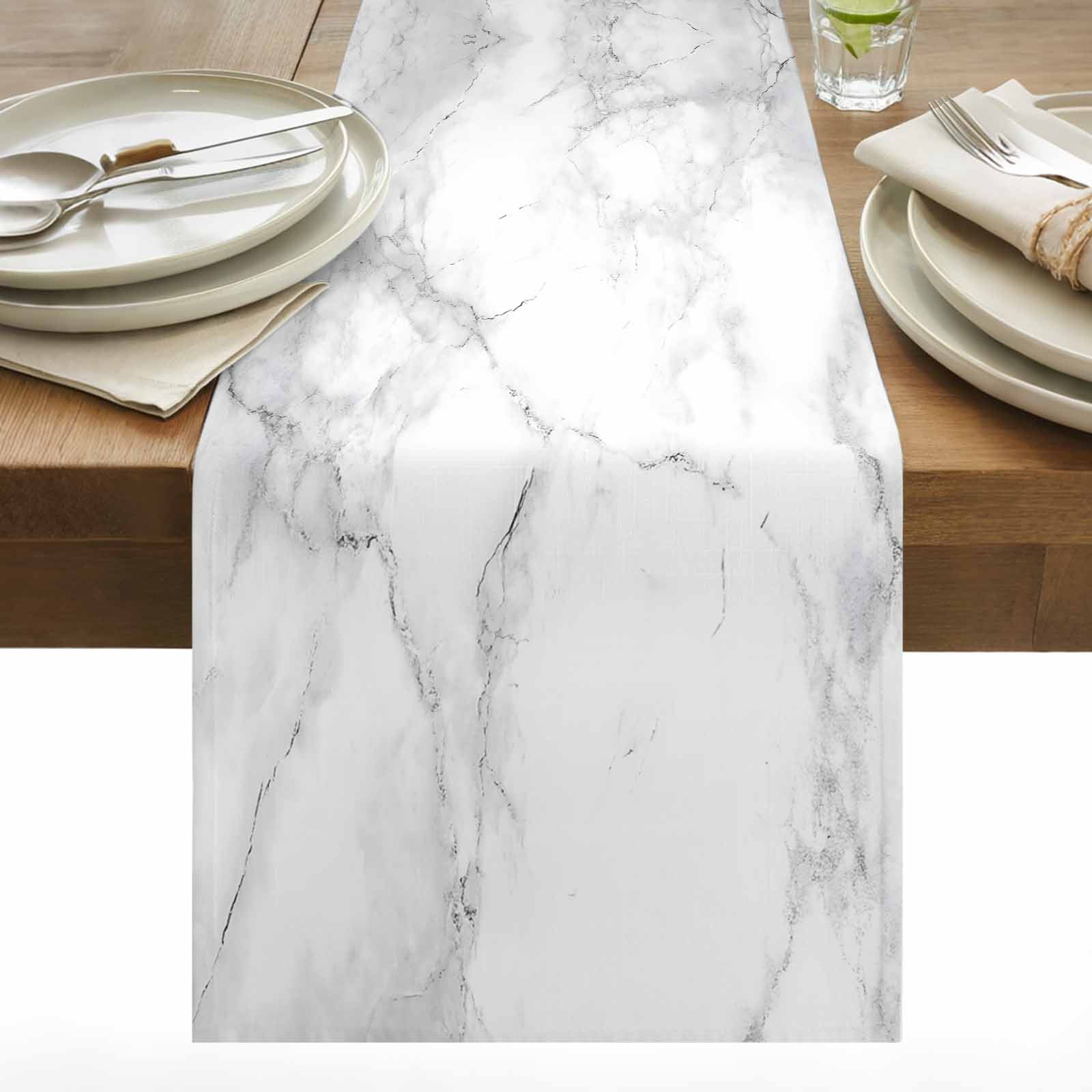 Abstract Marble Table Runner 13x108 inch White Marble Minimalist Art ...