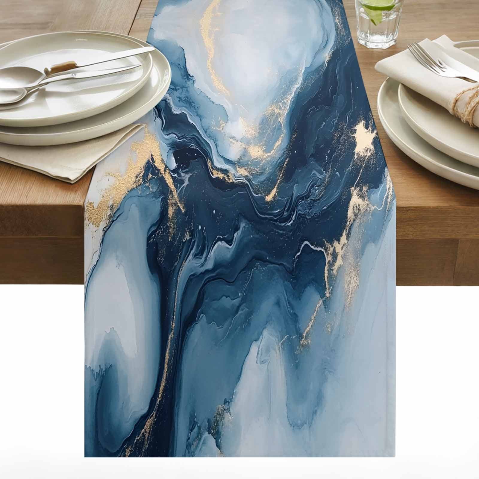 Abstract Marble Table Runner 13x48 inch Blue Yellow Oil Painting Style ...