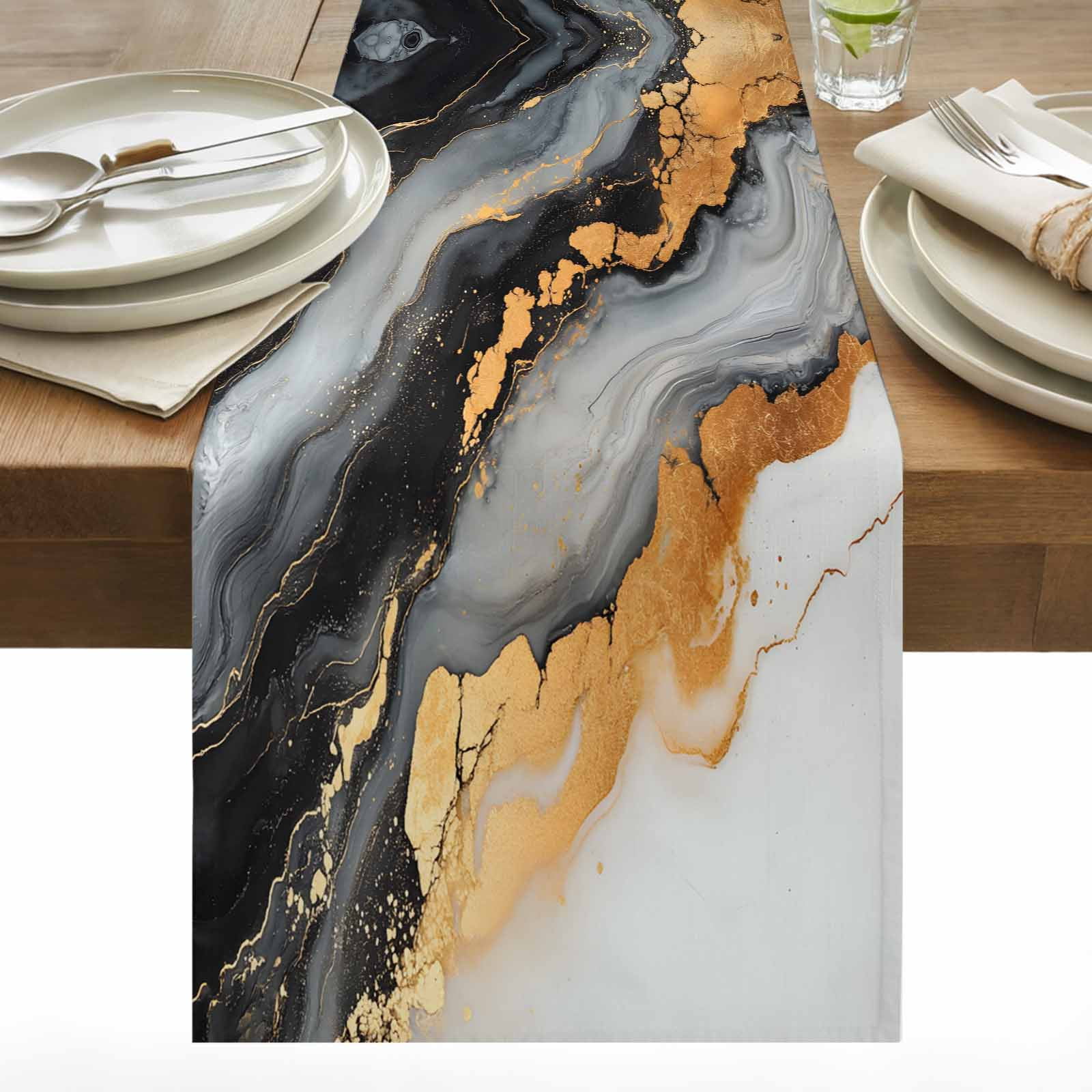 Abstract Marble Table Runner 13x60 inch Black White Gold Gradient Wave ...