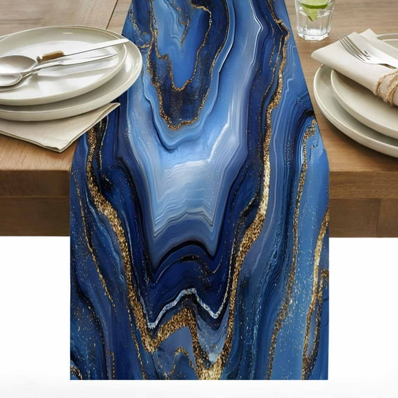 Abstract Marble Table Runner 13x60 inch Blue Gradient Gold Wave Texture ...