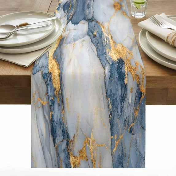 Abstract Marble Table Runner 13x60 inch Blue Gray Gold Gradient Texture ...