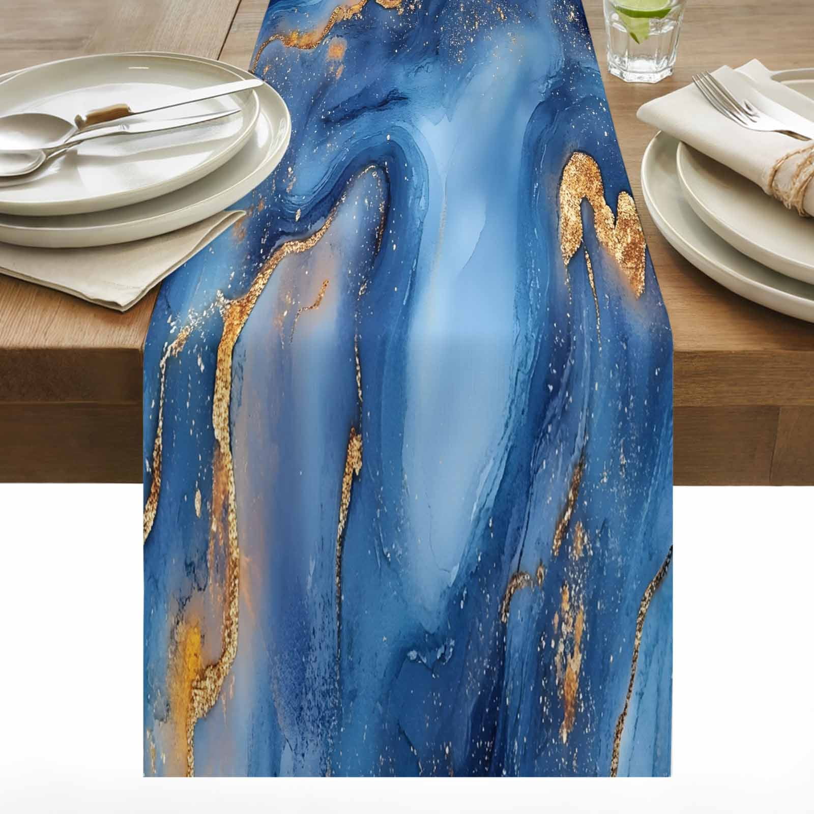 Abstract Marble Table Runner 13x72 inch Blue Gradient Gold Wave Texture ...