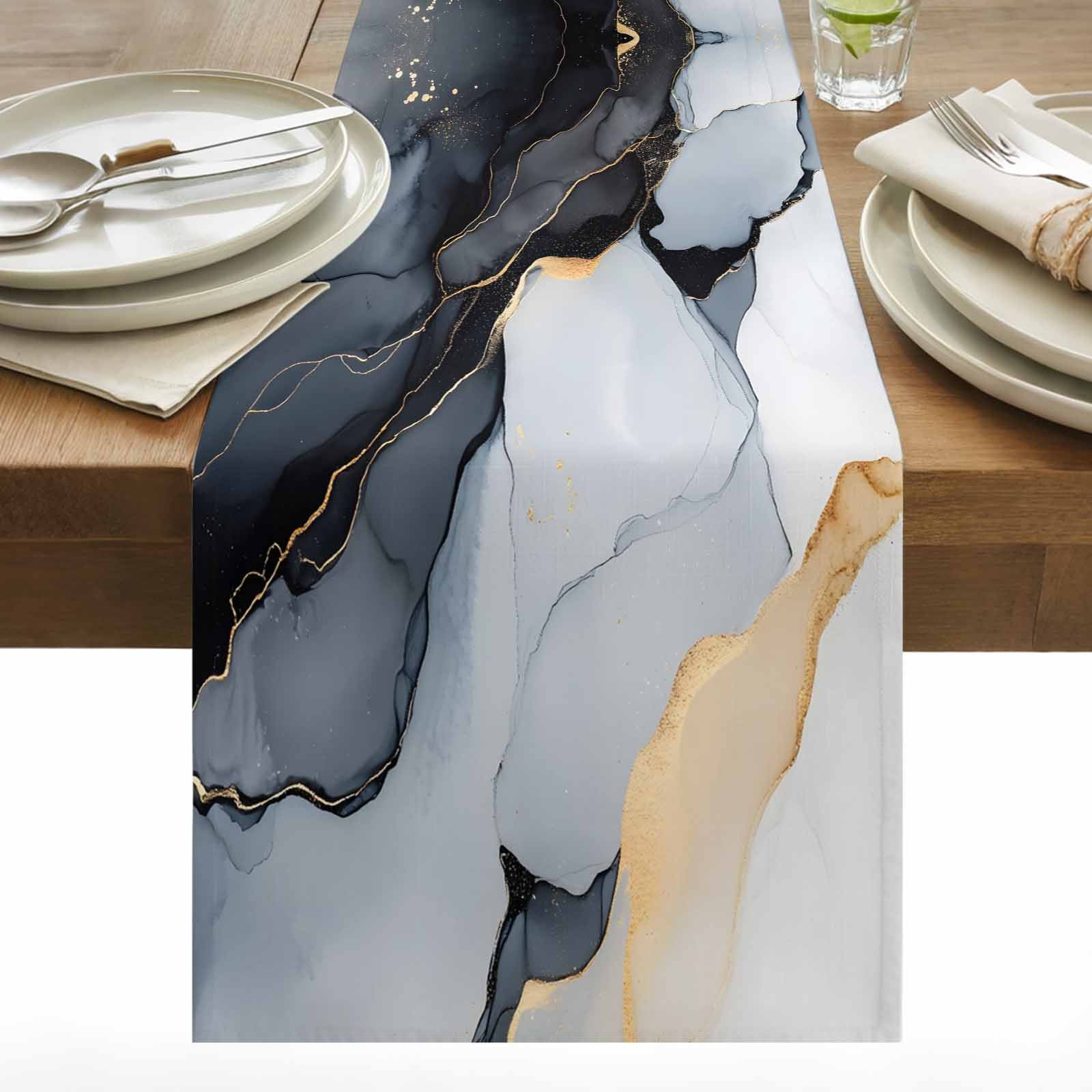 Abstract Marble Table Runner 13x72 inch Gray Black Gradient Gold Crack ...