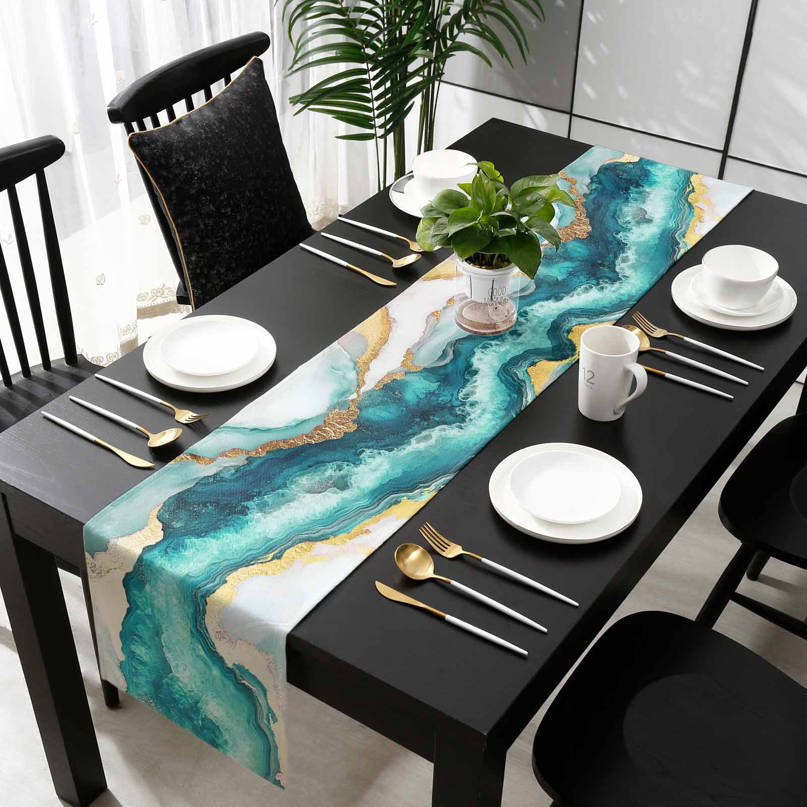 Abstract Marble Table Runner 72 Inches Long - Turquoise Abstract Golden ...