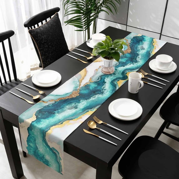 Abstract Marble Table Runner 72 Inches Long - Turquoise Abstract Golden ...