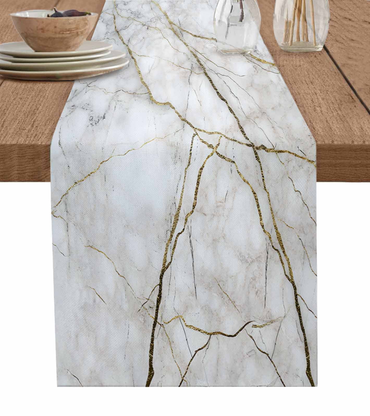 Abstract Marble Table Runner 72 Inches, Modern White Golden Ombre ...