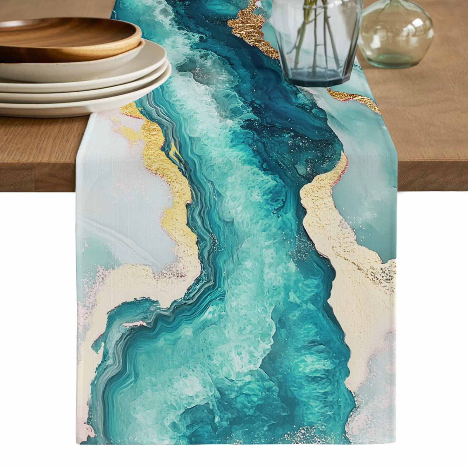 Abstract Marble Table Runner, Turquoise Abstract Golden Foil Texture ...