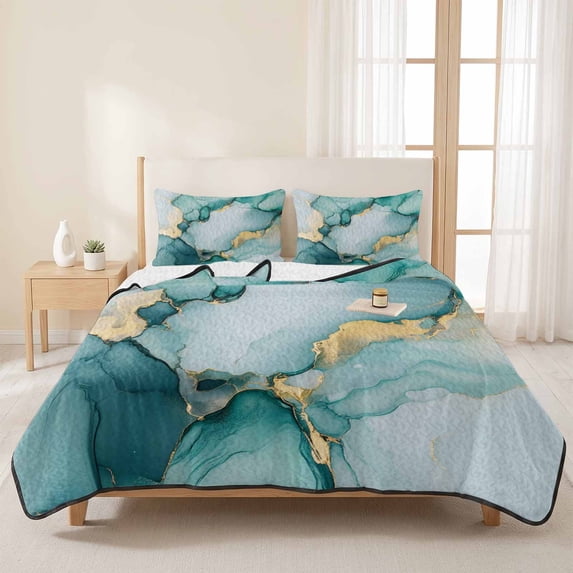 Abstract Marble Texture 3 Pieces Quilt Set,1 Quilt with 2 Shams,Green ...