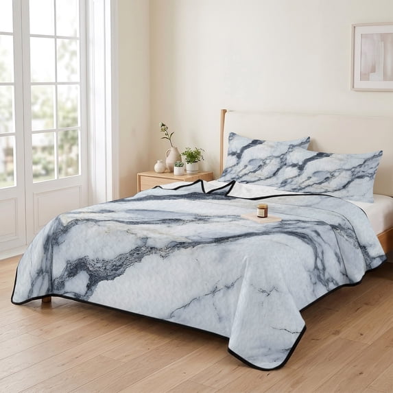 Abstract Marble Texture 3 Pieces Quilt Set,1 Quilt with 2 Shams,White ...