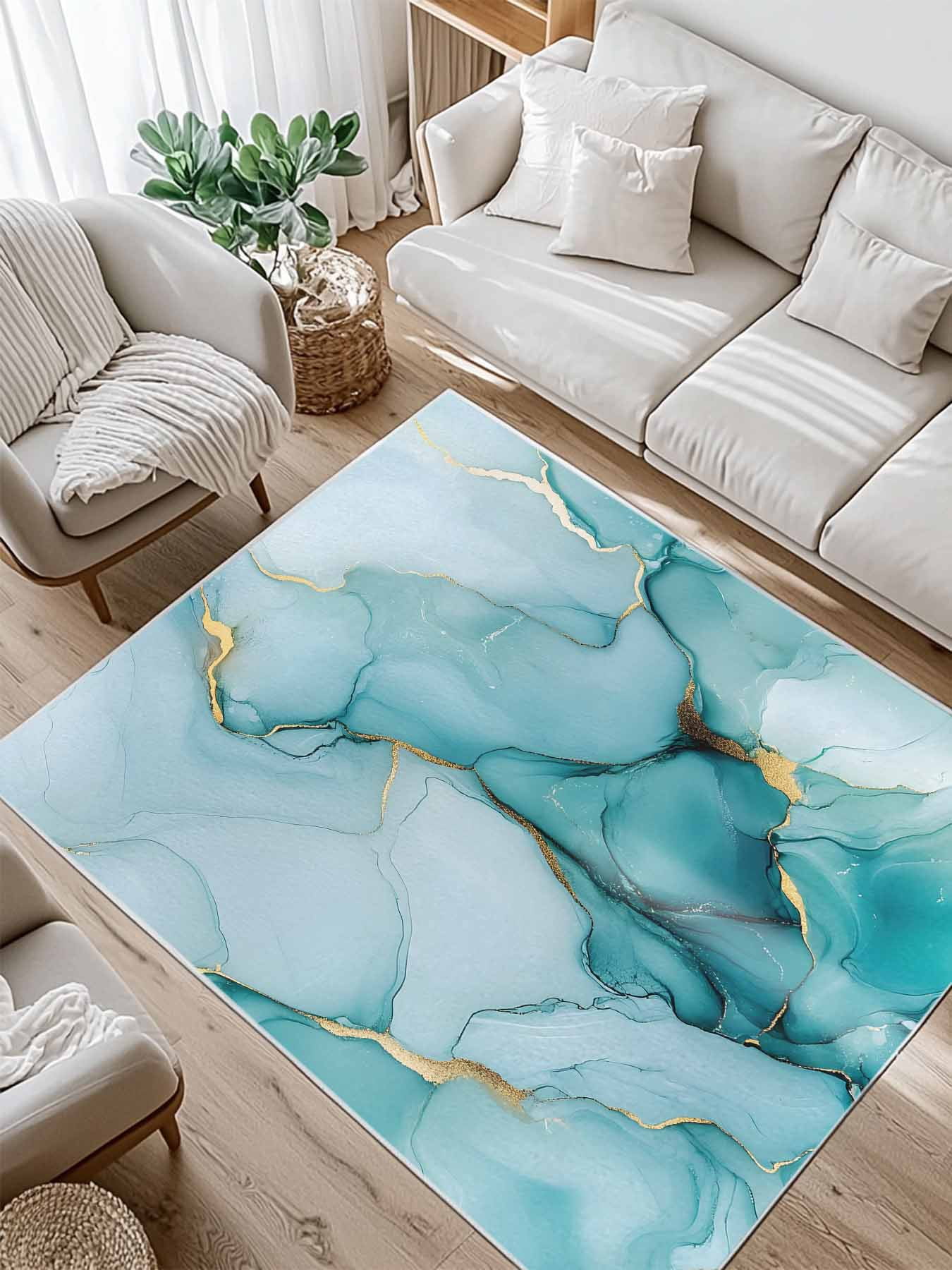 Abstract Marble Texture Area Rug for Bedroom 4x6 Ft Teal Gradient Art ...