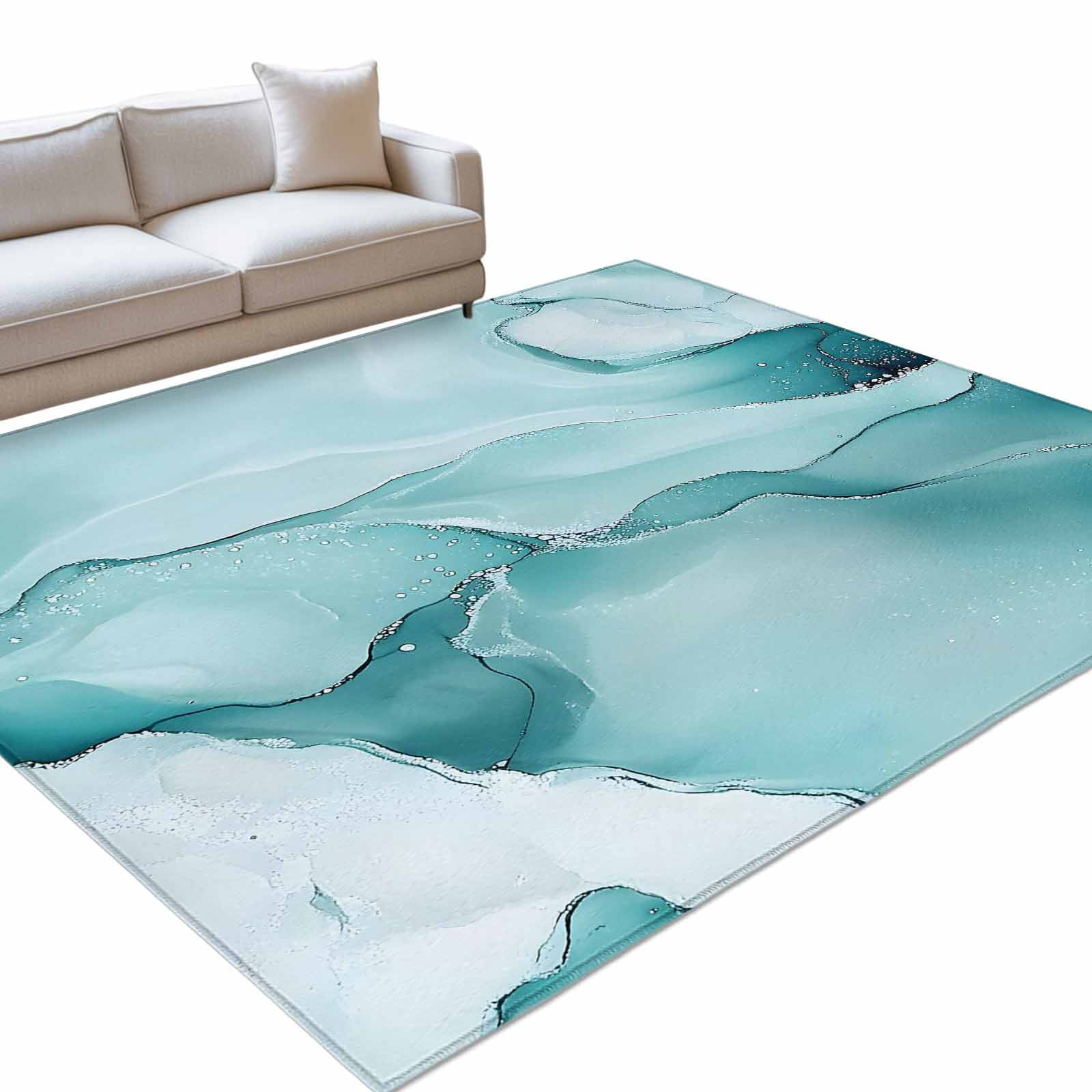 Abstract Marble Texture Area Rug, Blue Green Wavy Pattern Non-Slip Felt ...