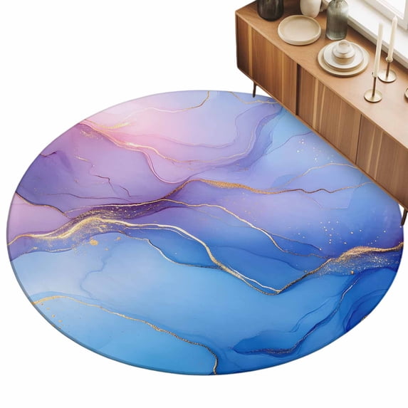 Abstract Marble Texture Area Rug, Blue Pink Gradient Gold Crack Art Non ...