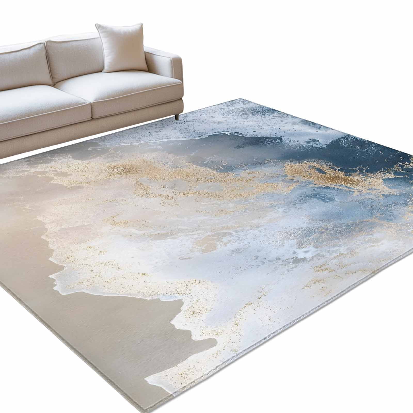Abstract Marble Texture Area Rug, Blue Yellow Color Blending Non-Slip ...