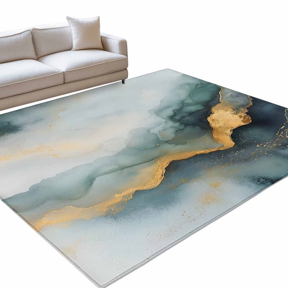 Abstract Marble Texture Area Rug, Green Black Gradient Gold Crack Art ...