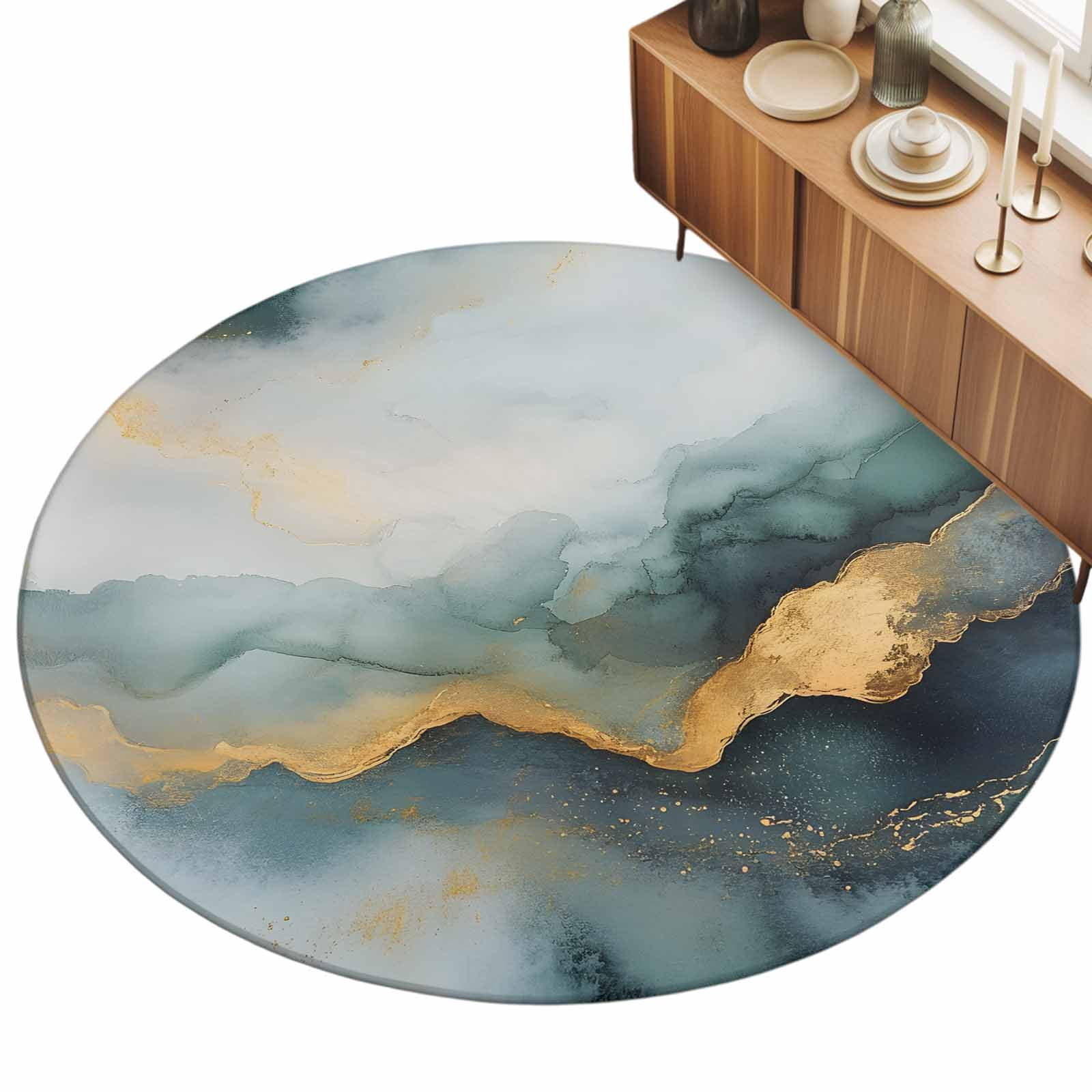 Abstract Marble Texture Area Rug, Green Black Gradient Gold Crack Art ...