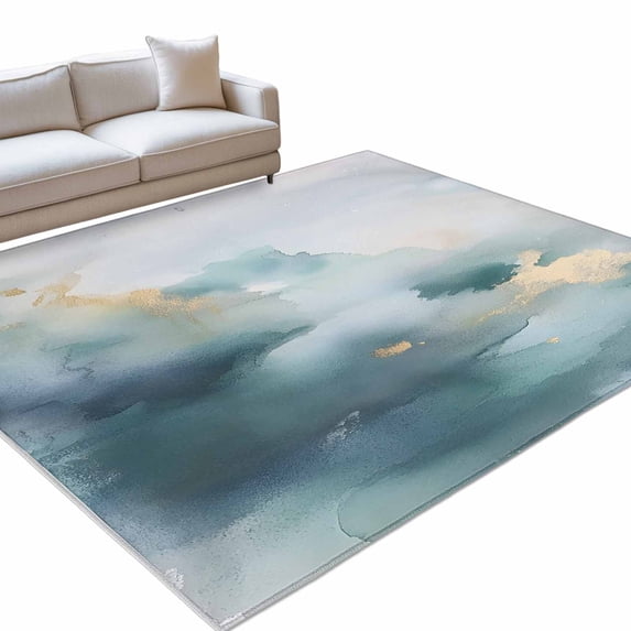 Abstract Marble Texture Area Rug, Green Golden Graffiti Art Non-Slip ...
