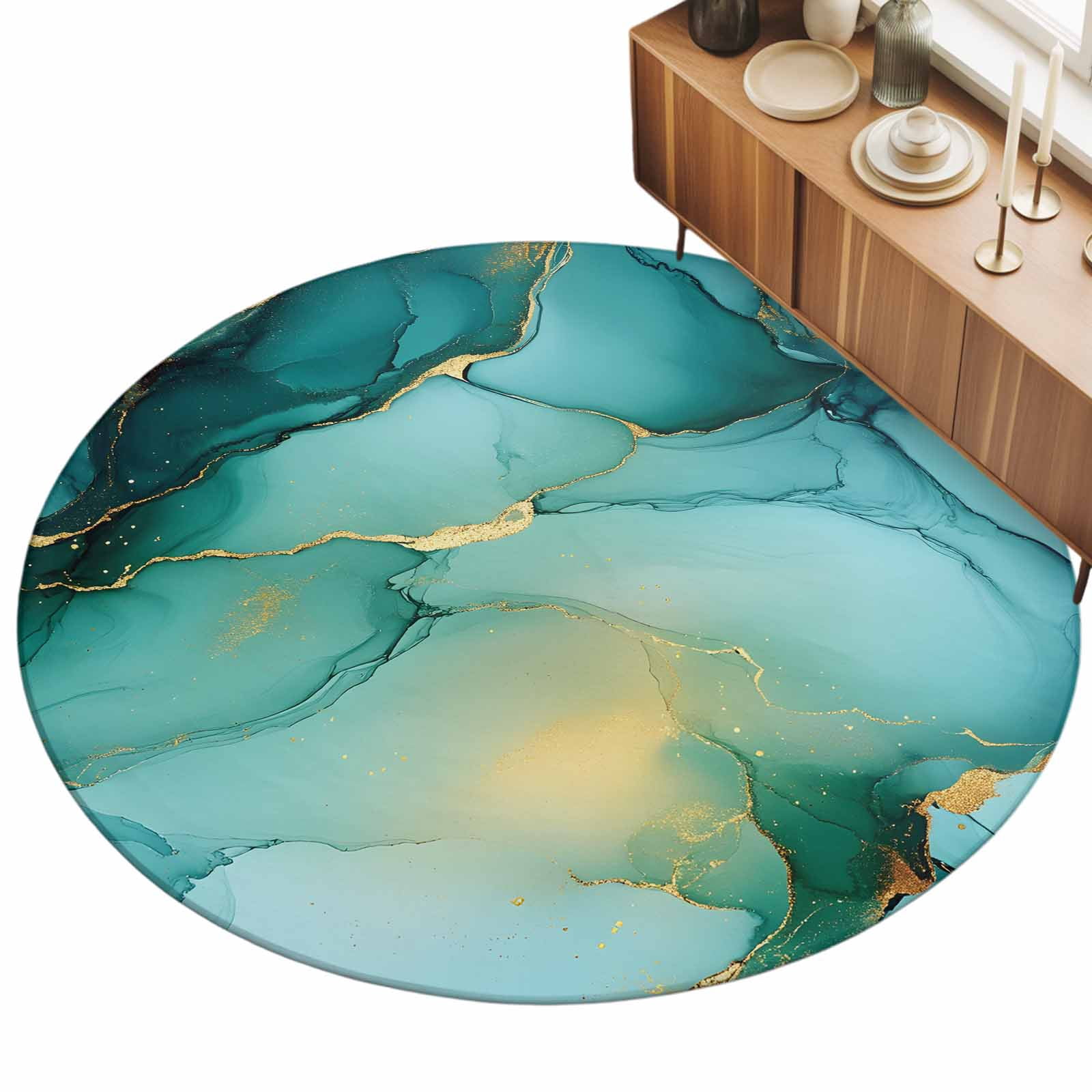 Abstract Marble Texture Area Rug, Teal Green Gradient Gold Crack Art ...