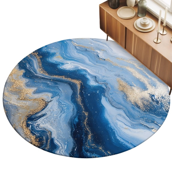 Abstract Marble Texture Area Rugs 4' (Round) Gradient Waves Blue Gold ...