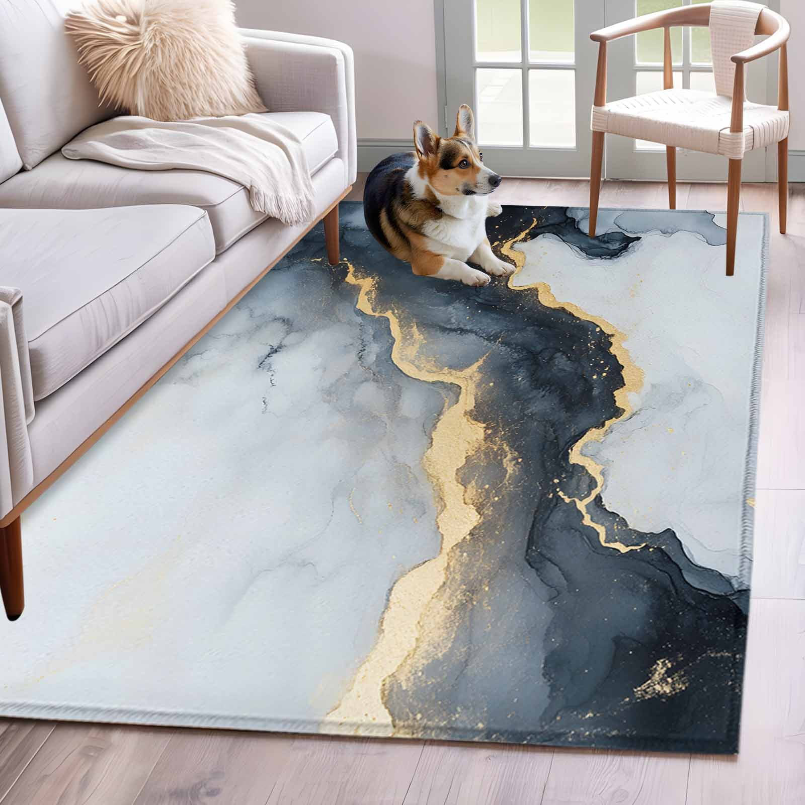 Abstract Marble Texture Area Rugs 4x6 ft Grey Black Gradient Gold Crack ...